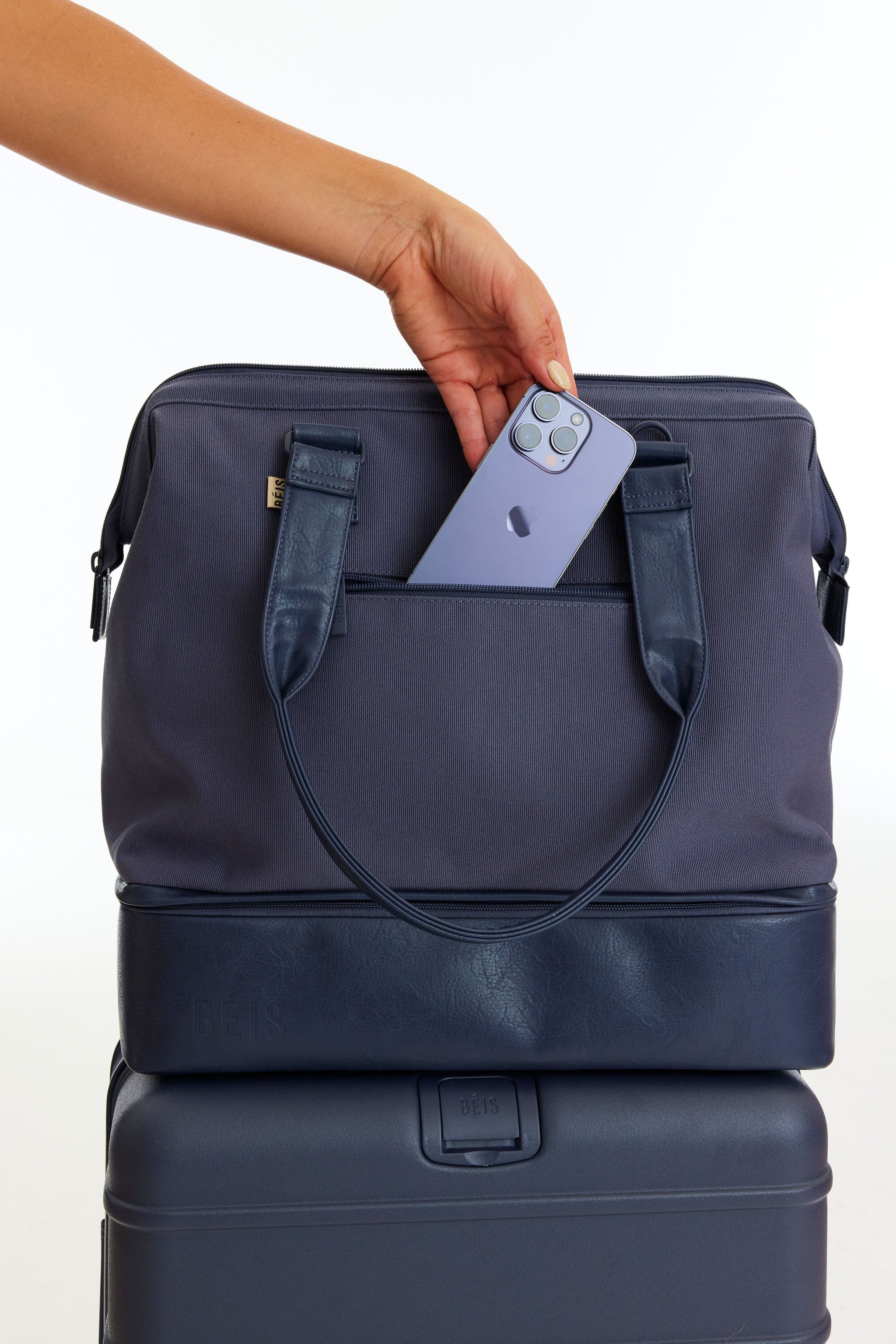 BÉIS 'The Convertible Mini Weekender' in Navy - Small Blue Weekend Bag ...